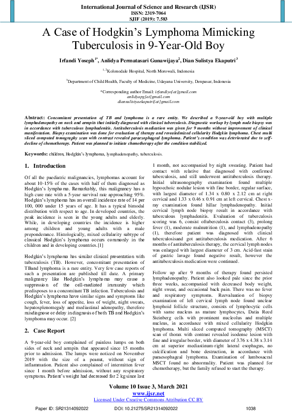 (PDF) A Case of Hodgkin’s Lymphoma Mimicking Tuberculosis in 9-Year-Old Boy