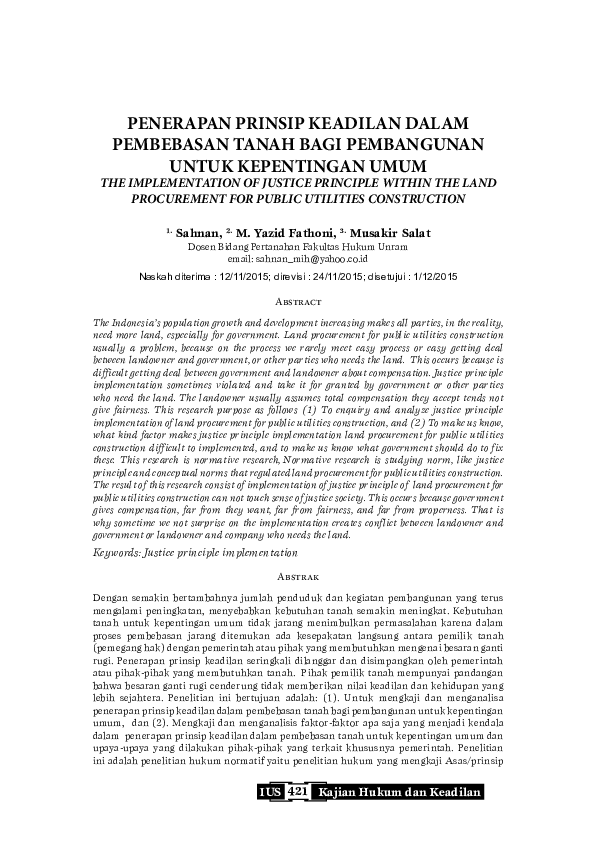 (PDF) Penerapan Prinsip Keadilan Dalam Pembebasan Tanah Bagi Pembangunan Untuk Kepentingan Umum