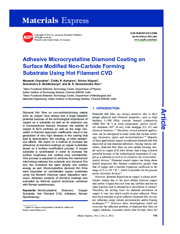 (PDF) Adhesive microcrystalline diamond coating on surface modified non-carbide forming ...