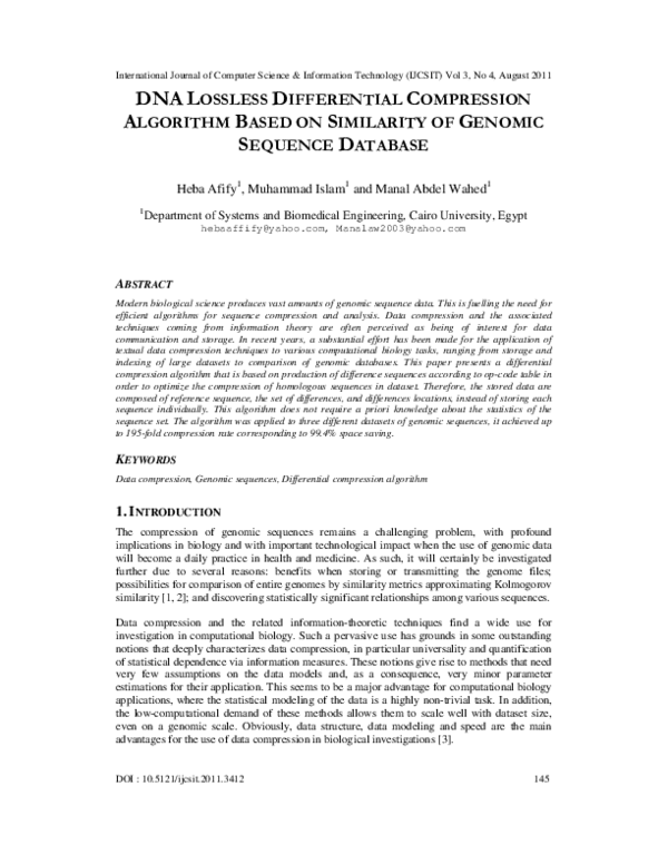 (PDF) DNA Lossless Differential Compression Alogorithm Based on Similarity of Genomic Sequence ...