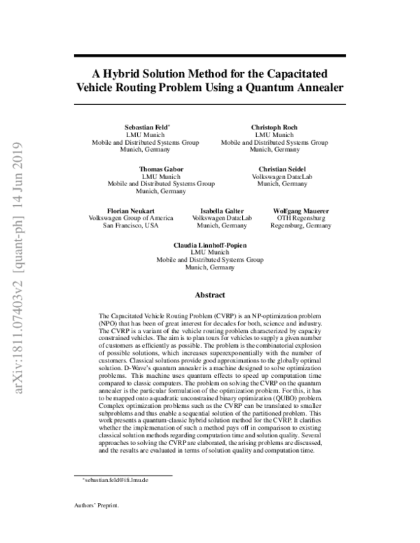 Pdf A Hybrid Solution Method For The Capacitated Vehicle Routing Problem Using A Quantum Annealer