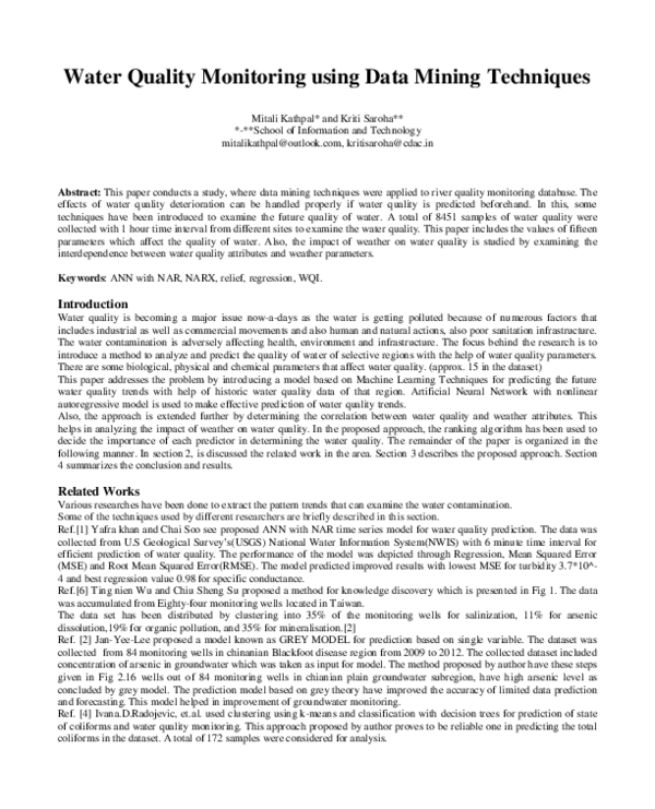 (PDF) Water Quality Monitoring using Data Mining Techniques | kriti ...