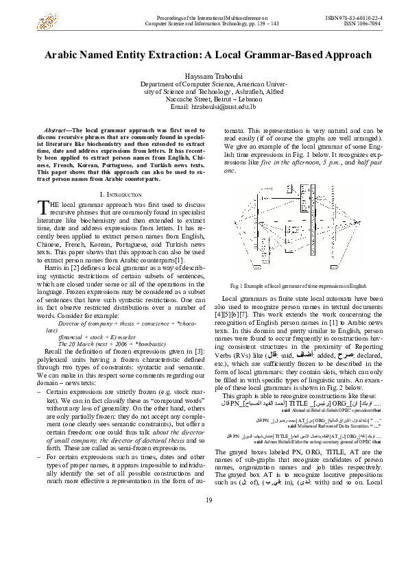 (PDF) Arabic named entity extraction: A local grammar-based approach