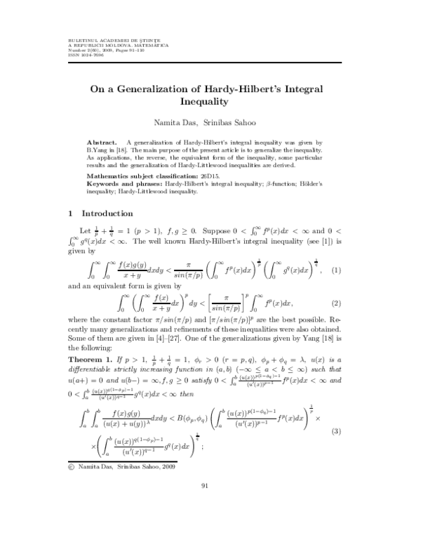 (PDF) On a Generalization of Hardy-Hilbert's Integral Inequality