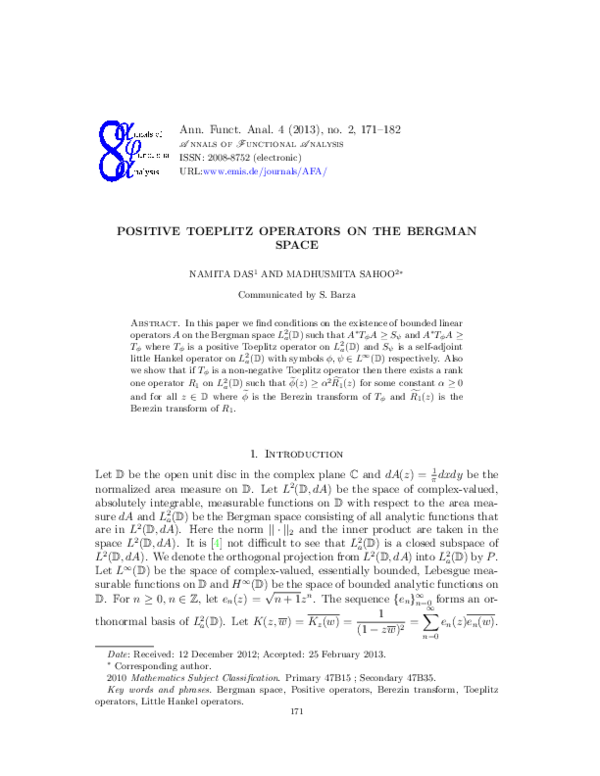 Pdf Positive Toeplitz Operators On The Bergman Space