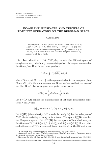Pdf Invariant Subspaces And Kernels Of Toeplitz Operators On The