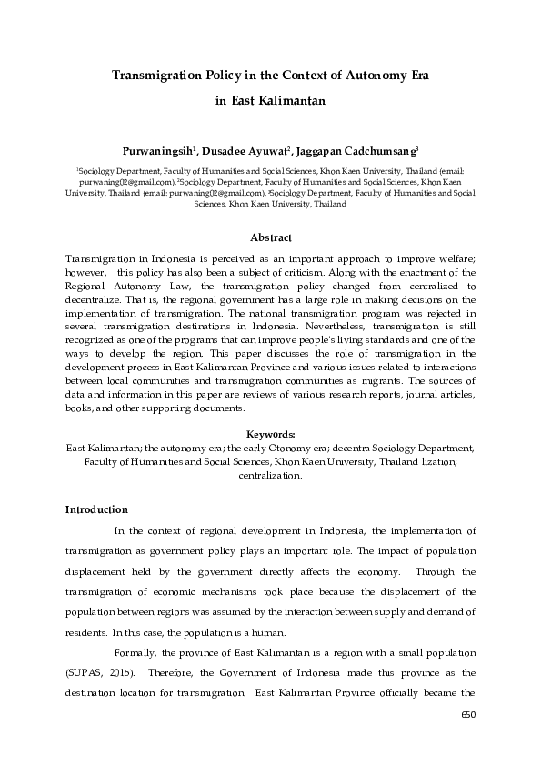 (PDF) Transmigration Policy in the Context of Autonomy Era in East ...
