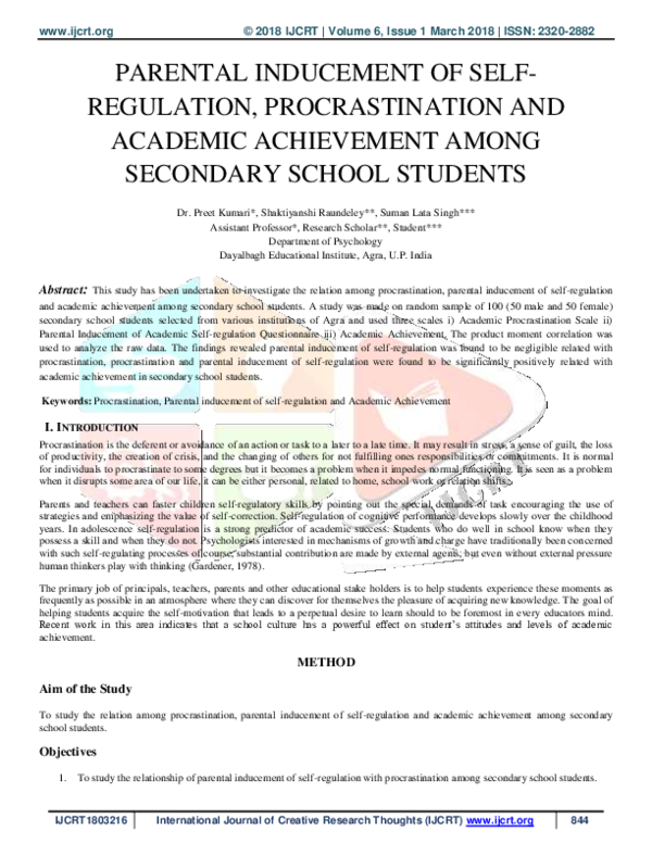 (PDF) Parental Inducement of Self- Regulation, Procrastination and Academic Achievement Among ...