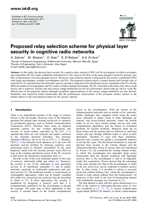 Pdf Proposed Relay Selection Scheme For Physical Layer Security In Cognitive Radio Networks