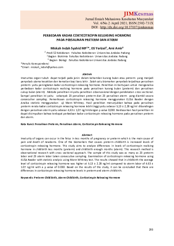 (PDF) Perbedaan Kadar Corticotropin Releasing Hormone Pada Persalinan ...