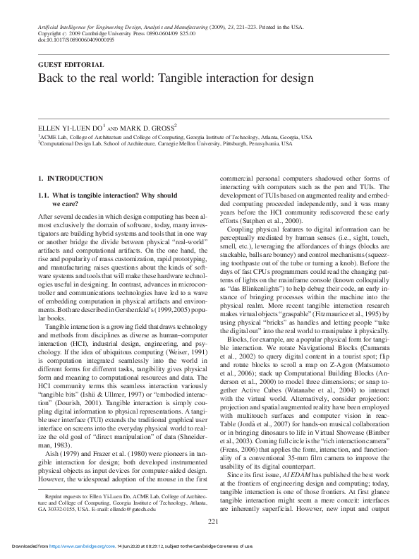 (PDF) Back to the real world: Tangible interaction for design