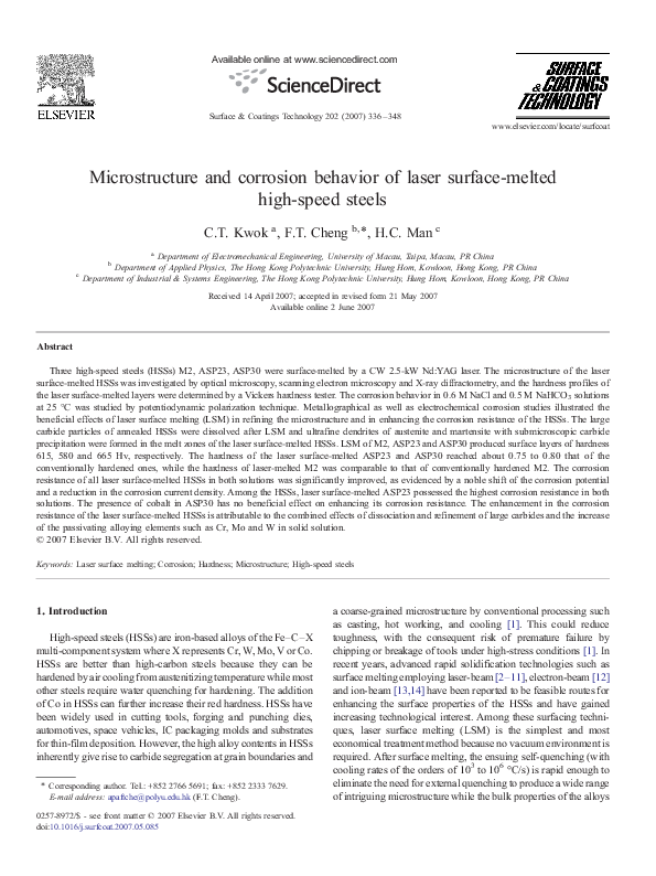 (PDF) Microstructure and corrosion behavior of laser surface-melted high-speed steels | Arup ...