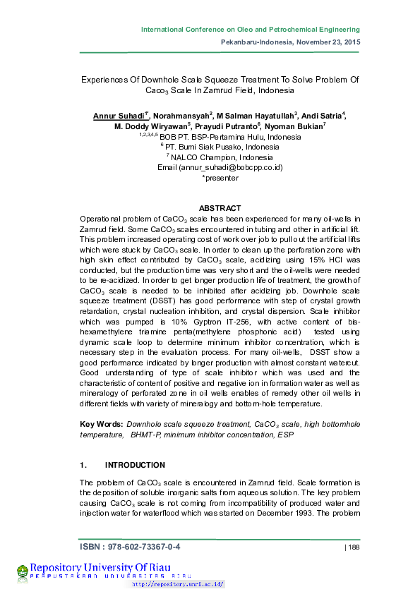 (PDF) Experiences Of Downhole Scale Squeeze Treatment To Solve Problem ...