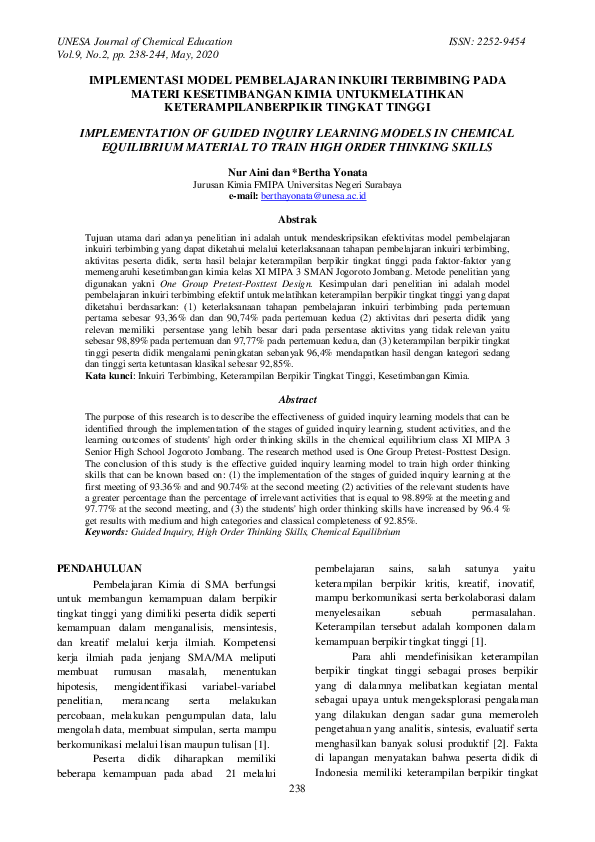 (PDF) Implementasi Model Pembelajaran Inkuiri Terbimbing Pada Materi Kesetimbangan Kimia Untuk ...