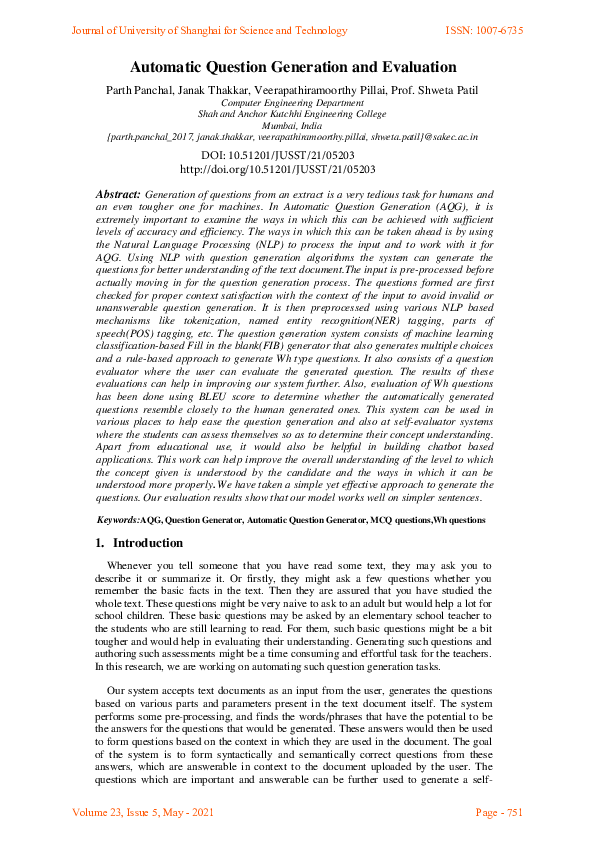 (PDF) Automatic Question Generation and Evaluation