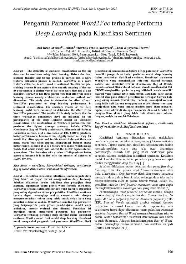 (PDF) Pengaruh Parameter Word2Vec terhadap Performa Deep Learning pada Klasifikasi Sentimen