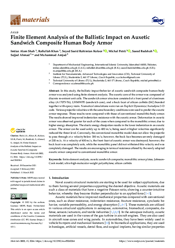 Pdf Finite Element Analysis Of The Ballistic Impact On Auxetic Sandwich Composite Human Body Armor