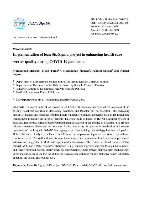 (PDF) Implementation of lean Six-Sigma project in enhancing health care service quality during ...