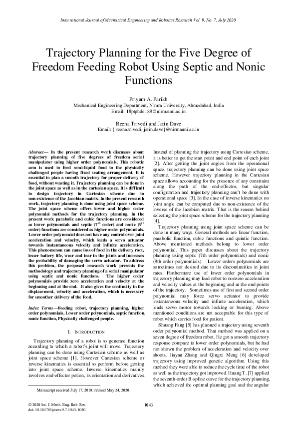 (PDF) Trajectory Planning for the Five Degree of Freedom Feeding Robot ...