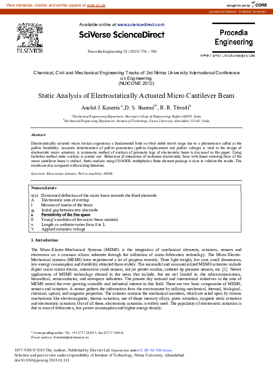Pdf Static Analysis Of Electrostatically Actuated Micro Cantilever Beam
