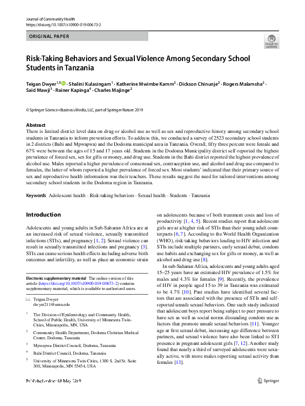 (PDF) Risk-Taking Behaviors and Sexual Violence Among Secondary School Students in Tanzania