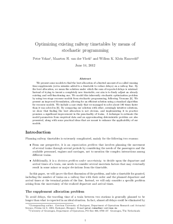 Pdf Optimizing Existing Railway Timetables By Means Of Stochastic Programming