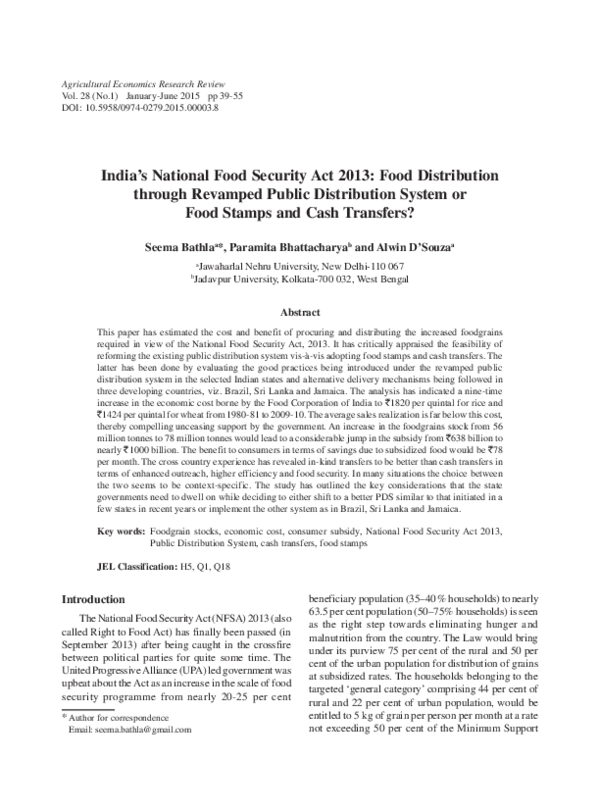 (PDF) India's National Food Security Act 2013: Food Distribution ...