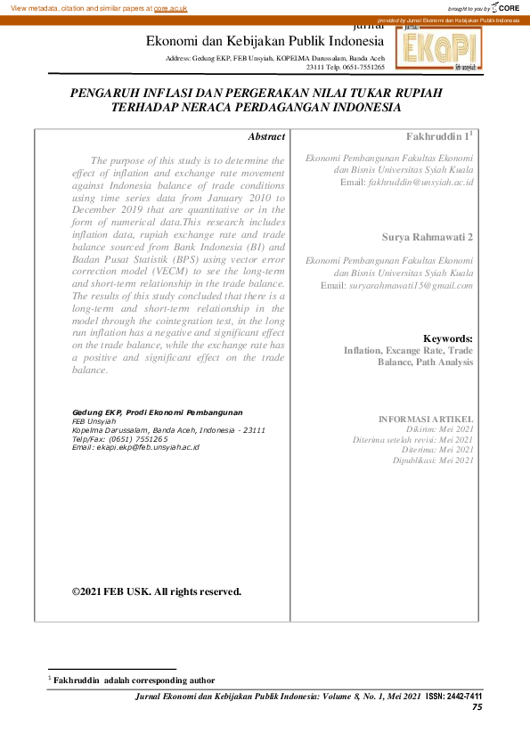 (PDF) Pengaruh Inflasi Dan Pergerakan Nilai Tukar Rupiah Terhadap Neraca Perdagangan Indonesia