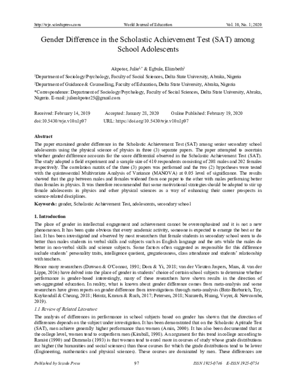Pdf Gender Difference In The Scholastic Achievement Test Sat Among