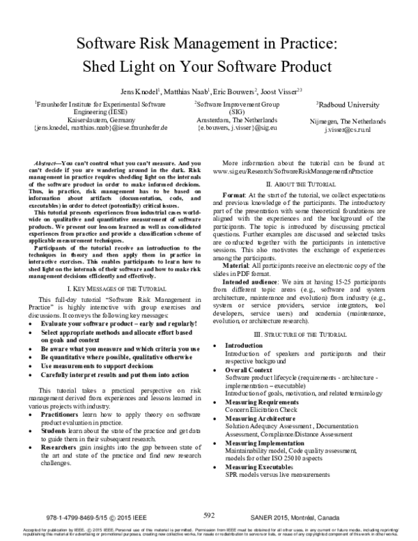 (PDF) Software risk management in practice: Shed light on your software product