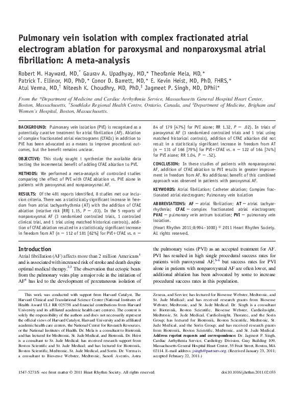 (PDF) Pulmonary vein isolation with complex fractionated atrial electrogram ablation for ...