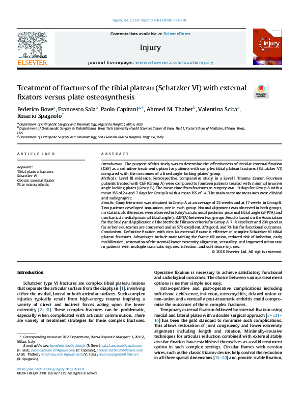 (PDF) Treatment of fractures of the tibial plateau (Schatzker VI) with external fixators versus ...