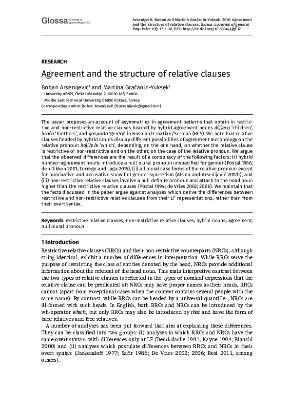 (PDF) Agreement and the structure of relative clauses