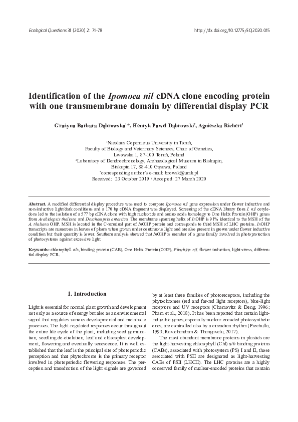 (PDF) Identification of the Ipomoea nil cDNA clone encoding protein with one transmembrane ...