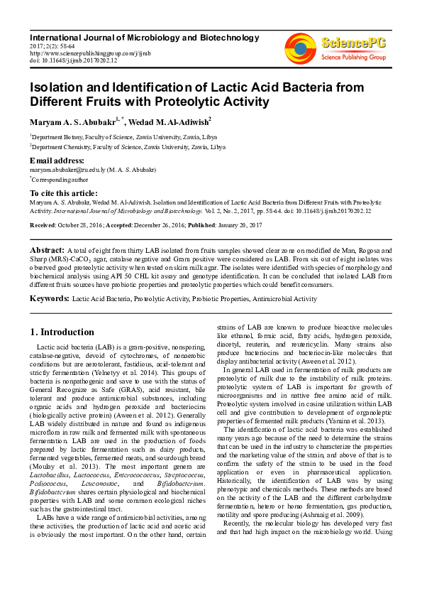 (PDF) Isolation and Identification of Lactic Acid Bacteria from Different Fruits with ...