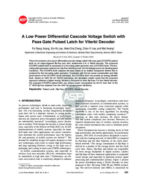 Pdf A Low Power Differential Cascode Voltage Switch With Pass Gate