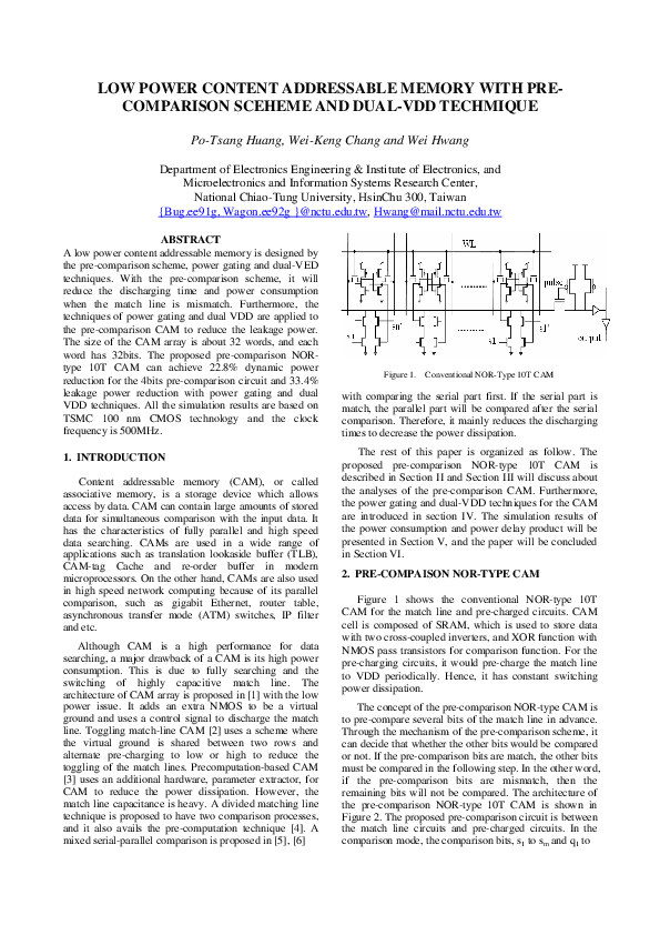 (PDF) Low Power Content Addressable Memory with Pre-Comparison Sceheme and Dual-VDD Techmique