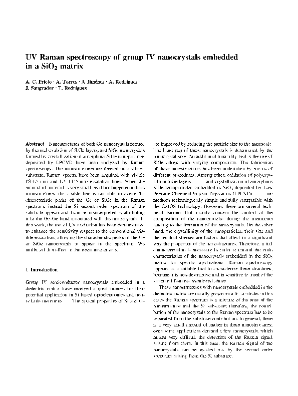 Pdf Uv Raman Spectroscopy Of Group Iv Nanocrystals Embedded In A Sio2 Matrix