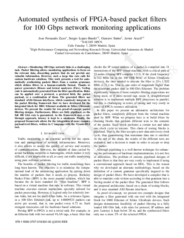 Pdf Automated Synthesis Of Fpga Based Packet Filters For 100 Gbps