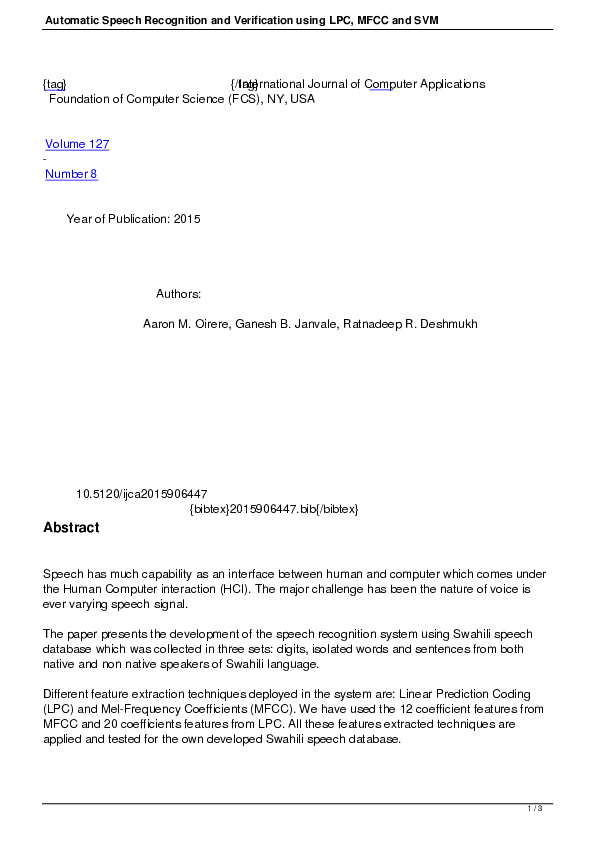 Pdf Automatic Speech Recognition And Verification Using Lpc Mfcc And Svm