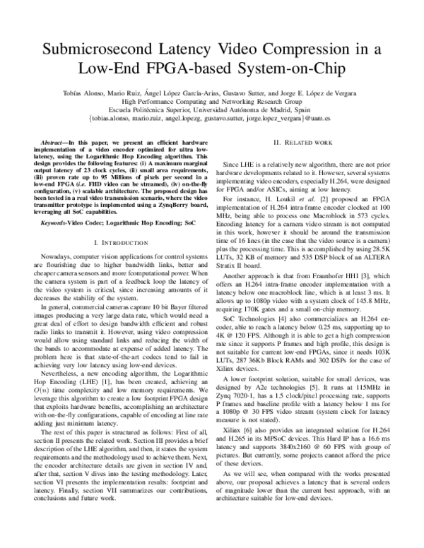Submicrosecond Latency Video Compression In A Low End Fpga Based System On Chip