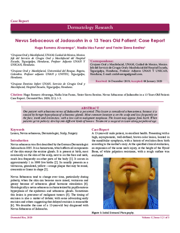 (PDF) Nevus Sebaceous of Jadassohn in a 13 Years Old Patient: Case Report