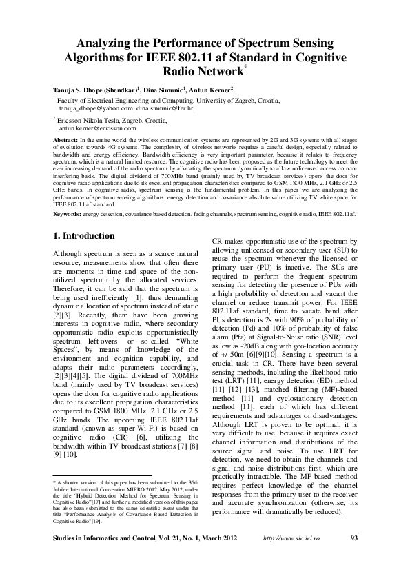 (PDF) Analyzing the Performance of Spectrum Sensing Algorithms for IEEE 802.11 af Standard in ...