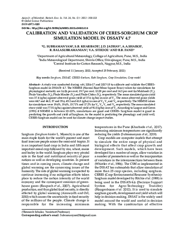 Pdf Calibration And Validation Of Ceres Sorghum Crop Simulation Model In Dssatv 4 7
