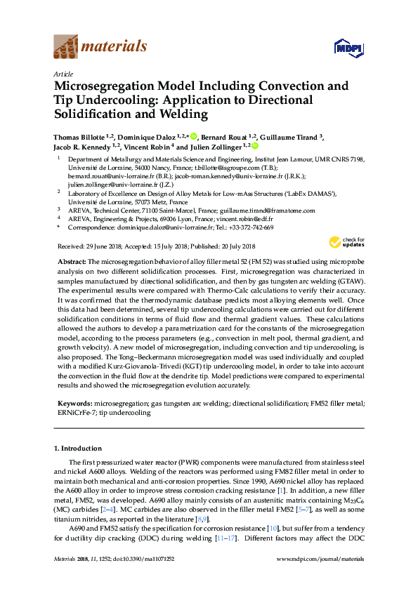 (PDF) Microsegregation Model Including Convection and Tip Undercooling: Application to ...