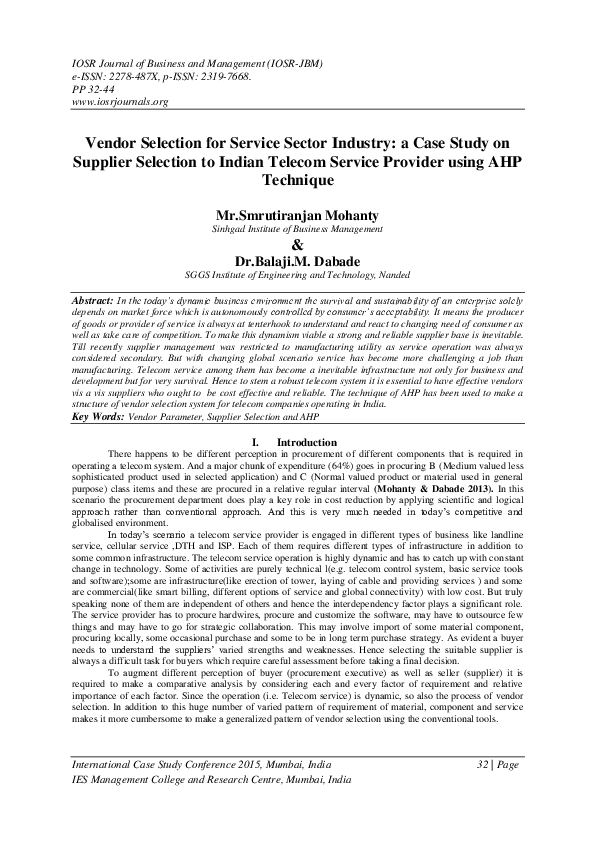 (PDF) Vendor Selection for Service Sector Industry: a Case Study on ...