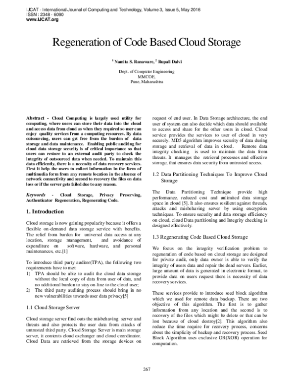 (PDF) Regeneration of Code Based Cloud Storage | rupali dalvi - Academia.edu