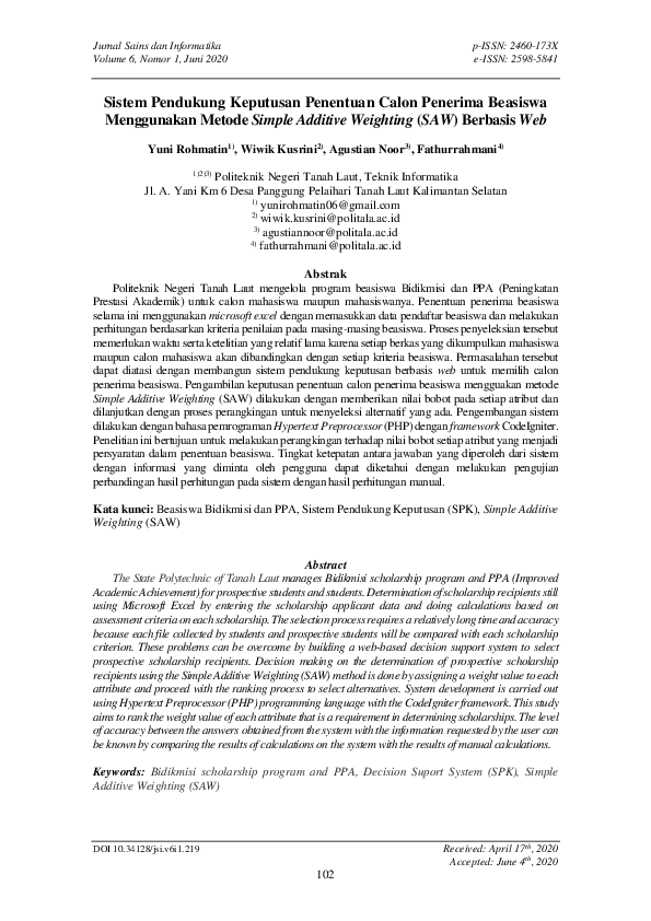 (PDF) Sistem Pendukung Keputusan Penentuan Calon Penerima Beasiswa Menggunakan Metode Simple ...
