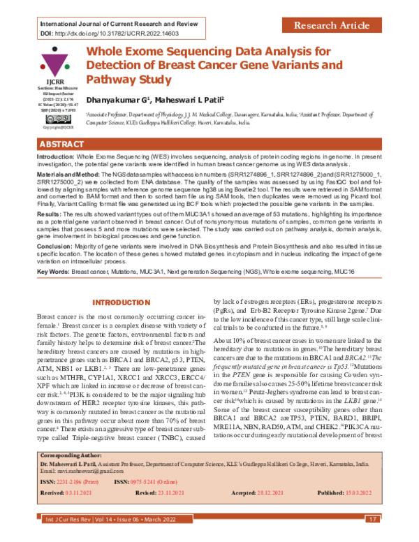 (PDF) Whole Exome Sequencing Data Analysis for Detection of Breast Cancer Gene Variants and ...