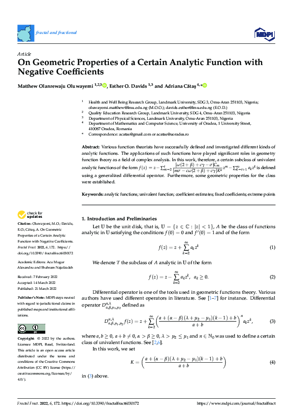 (PDF) On Geometric Properties of a Certain Analytic Function with Negative Coefficients